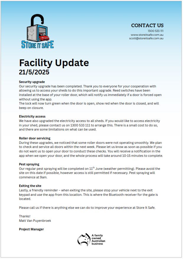 Facility Update - Store It Safe Pakenham